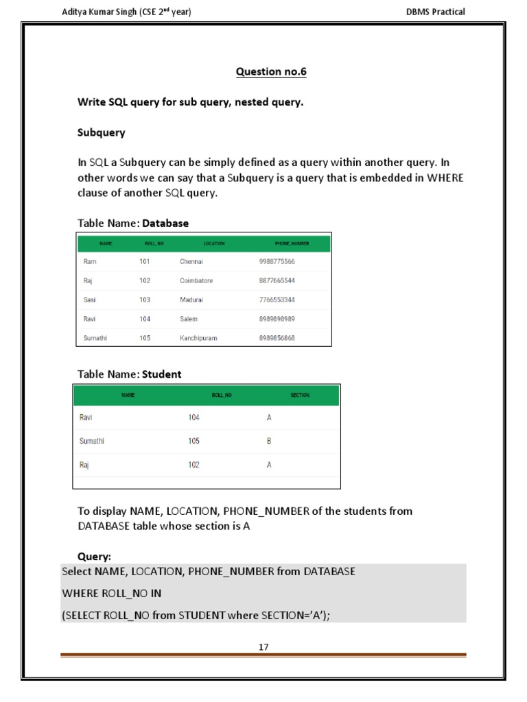 Question No6 Write Sql Query For Sub Query Nested Query Subquery Pdf Plsql Databases