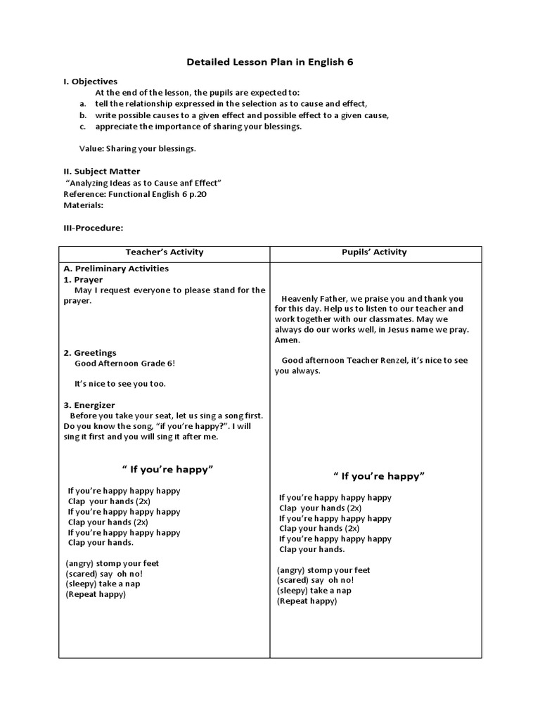 Detailed Lesson Plan in English 6 Causeeffect | PDF | Causality | Prayer