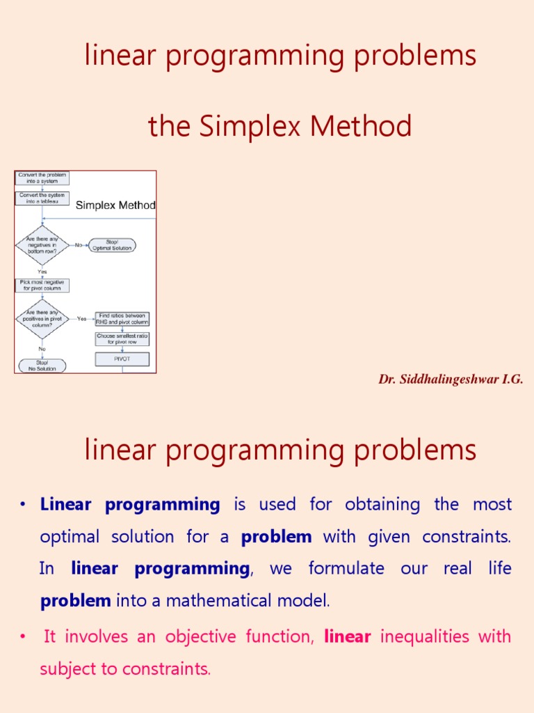 Linear Programming Problems The Simplex Method: Dr. Siddhalingeshwar I ...