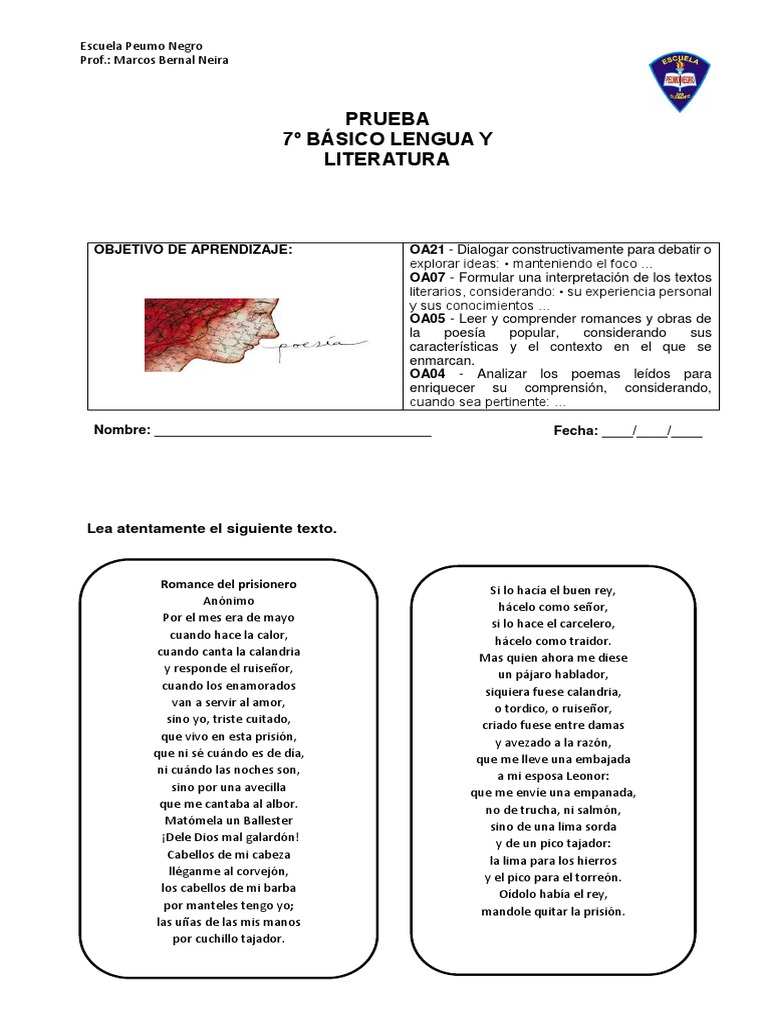 Prueba Poesia Septimo | PDF | Rima | Lingüística