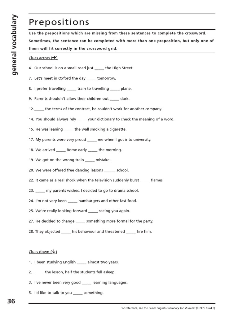 Crossword Prepositions | PDF | Crossword | English Language