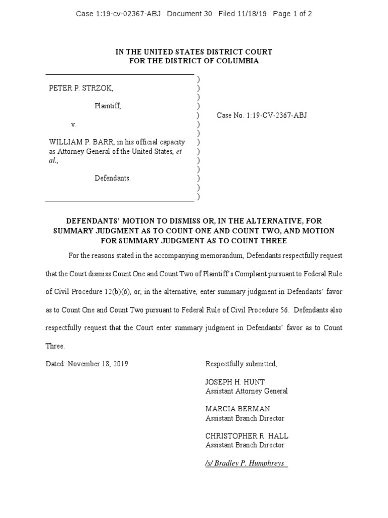 Peter Strzok - DOJ Motion To Dismiss - 11.18.19 | Download Free PDF | Summary Judgment | Federal ...