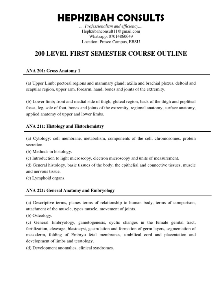 200 Level Anatomy Course Outline | PDF | Anatomy | Cell Membrane