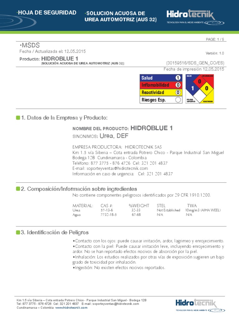 Hoja Seguridad Urea | Agua | Química