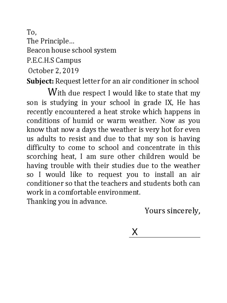 Subject: Request Letter For An Air Conditioner in School: Yours ...