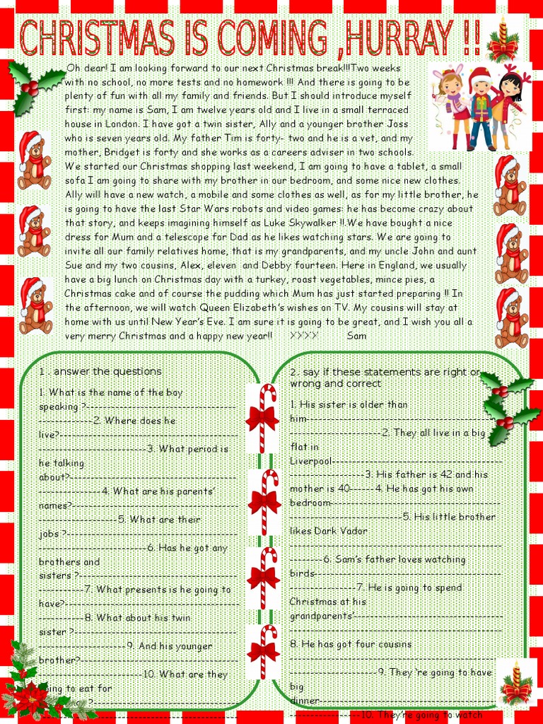 Christmas Is Coming Reading Comprehension Reading Comprehension ...