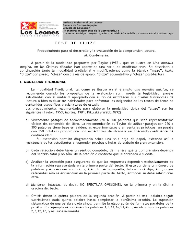 Test de Cloze | PDF | Palabra | Comprensión lectora