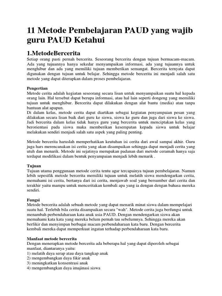 11 Metode Pembelajaran PAUD Yang Wajib Guru PAUD Ketahui | PDF