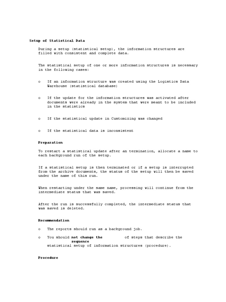 Statistical Data Setup Procedure Guide | PDF | Statistics | Information
