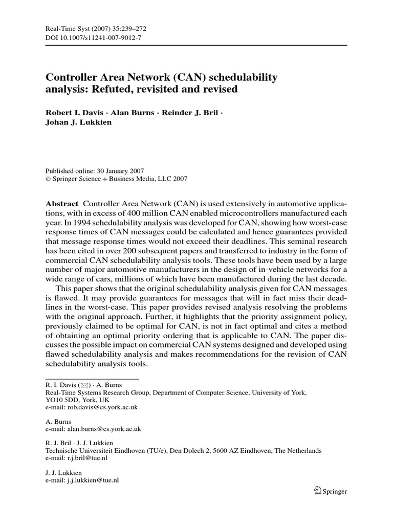 Controller Area Network Can Schedulability Analysis Refuted Revisited And Revised Pdf