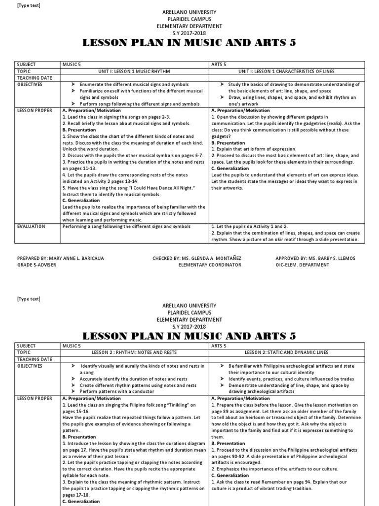Grade 5 Music and Arts Lesson Plan | PDF | Rhythm | Lesson Plan