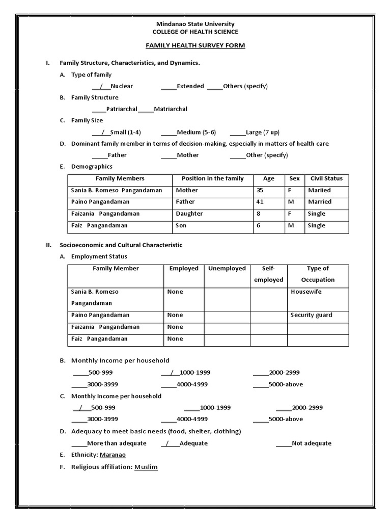 Family Health Survey Form: B. Monthly Income Per Household | PDF ...