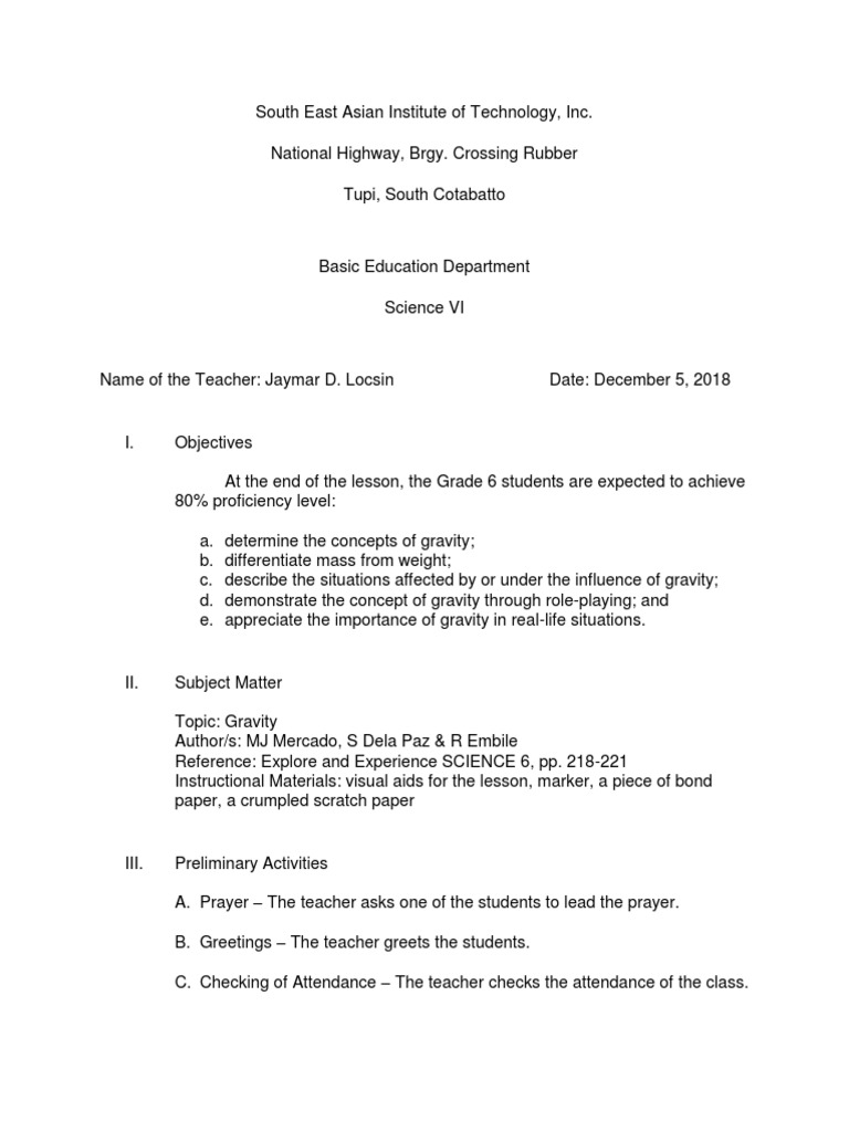 Lesson Plan in Science VI | PDF | Weight | Gravity