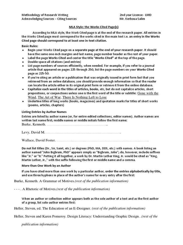 MLA Style The Works Cited Page | Download Free PDF | Citation