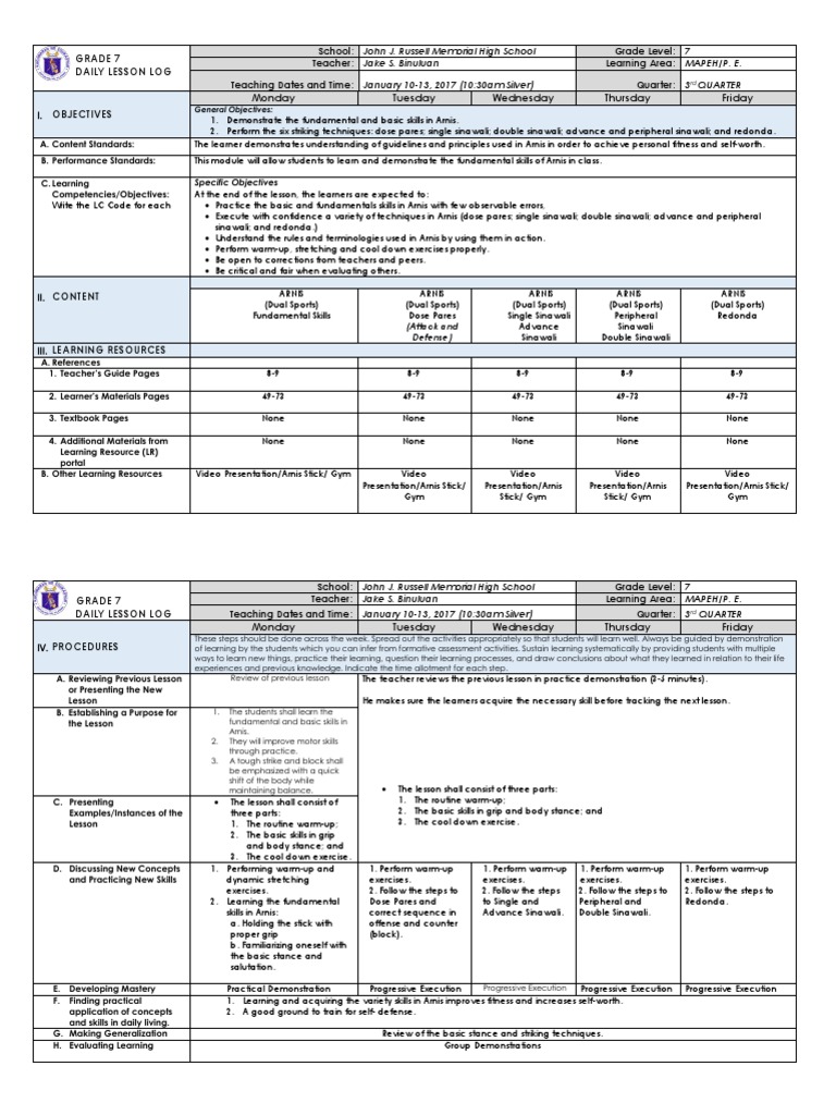 G7 DLL Mapeh Pe Q3 1 | PDF | Teachers | Learning G7 DLL Mapeh Pe Q3 1 | PDF | Teachers | Learning