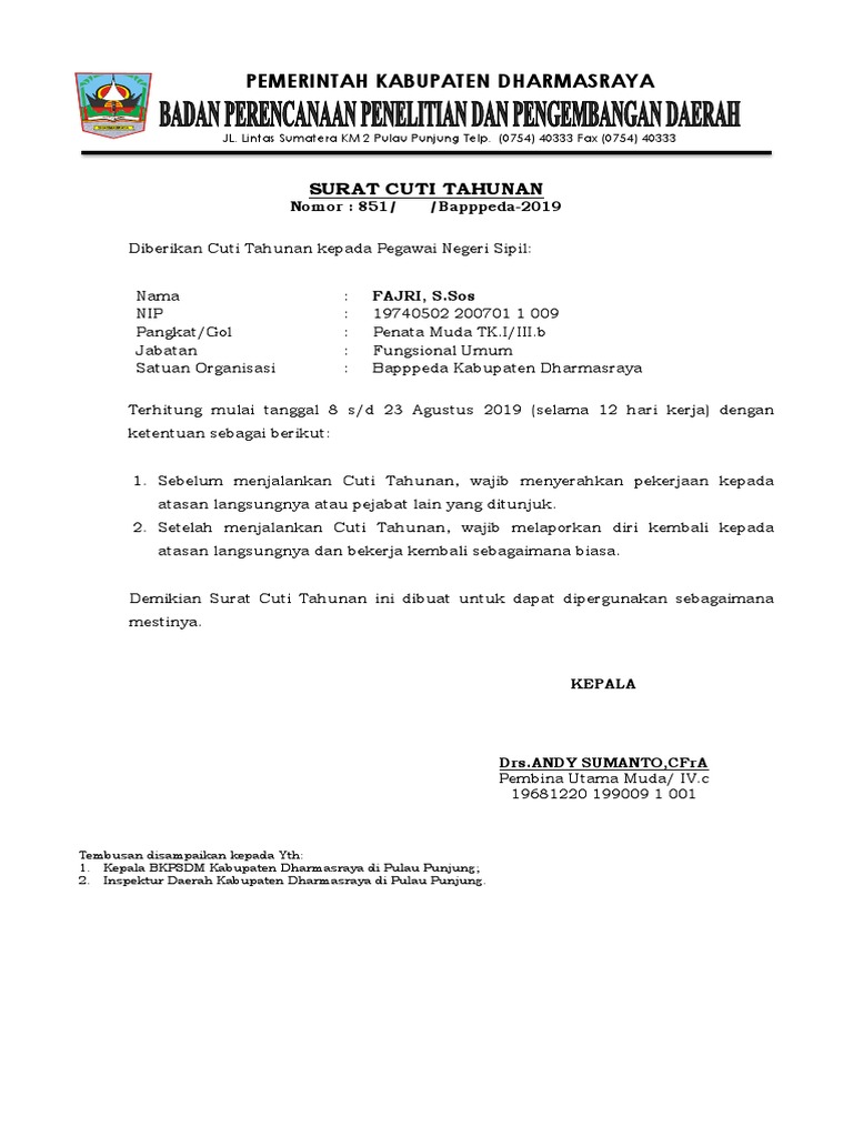 Surat Cuti Tahunan PNS Dharmasraya | PDF