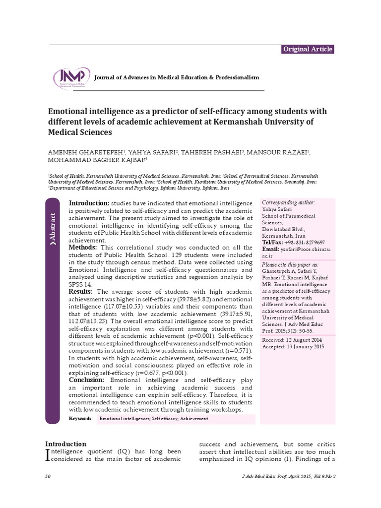 Emotional Intelligence As A Predictor of Self-Efficacy Among Students With Different Levels of ...
