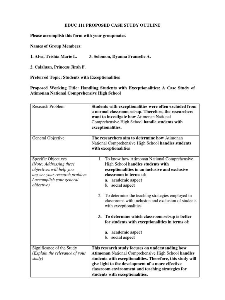 Educ 111 Proposed Case Study Outline | PDF | Case Study | Classroom