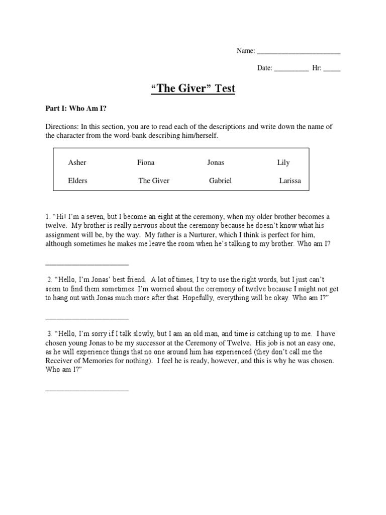 "The Giver" Test: Part I: Who Am I? | PDF | The Giver