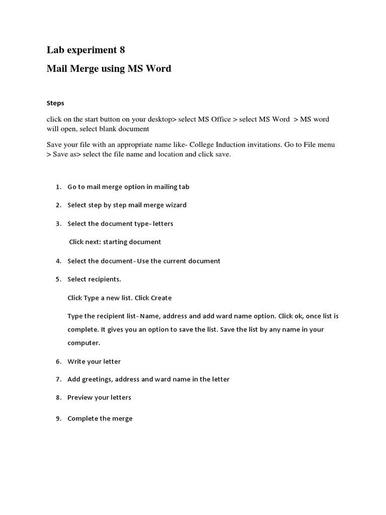 Lab Experiment 8 Mail Merge Using MS Word: Steps | PDF
