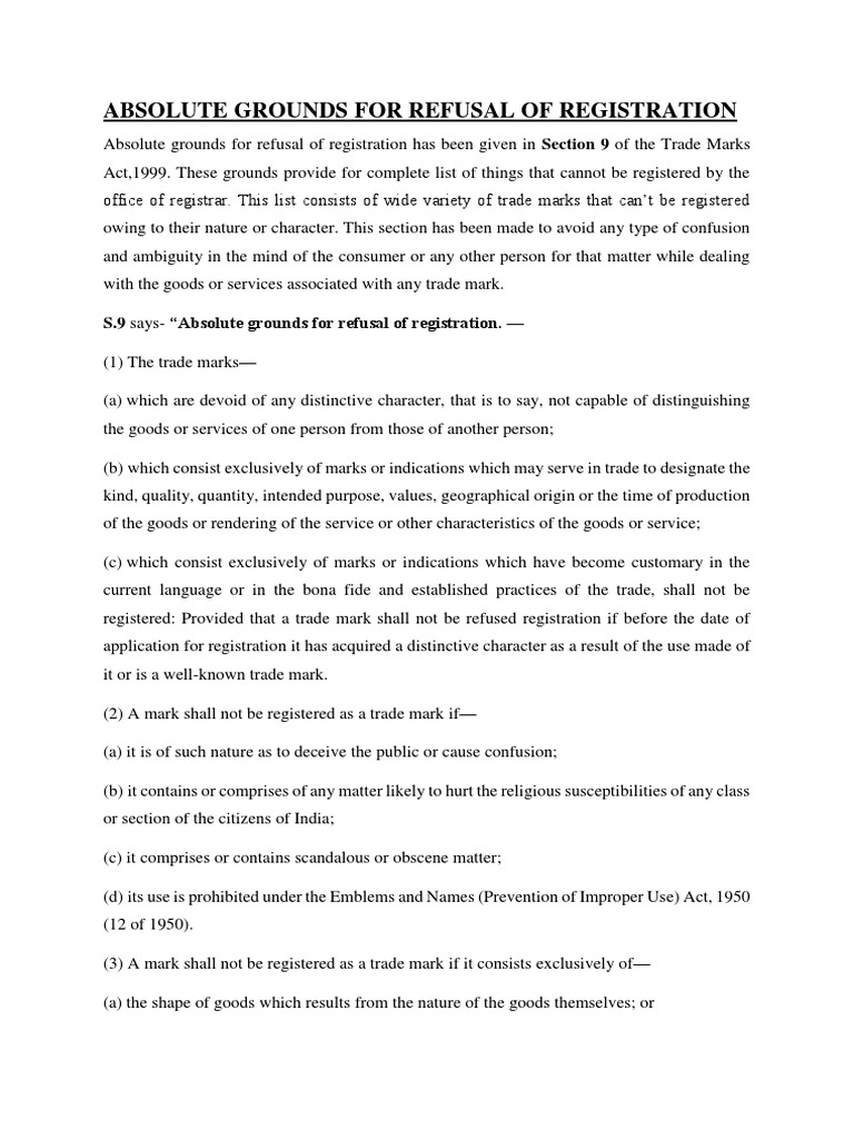 Absolute Grounds For Refusal of Registration | PDF | Trademark ... Absolute Grounds For Refusal of Registration | PDF | Trademark ...