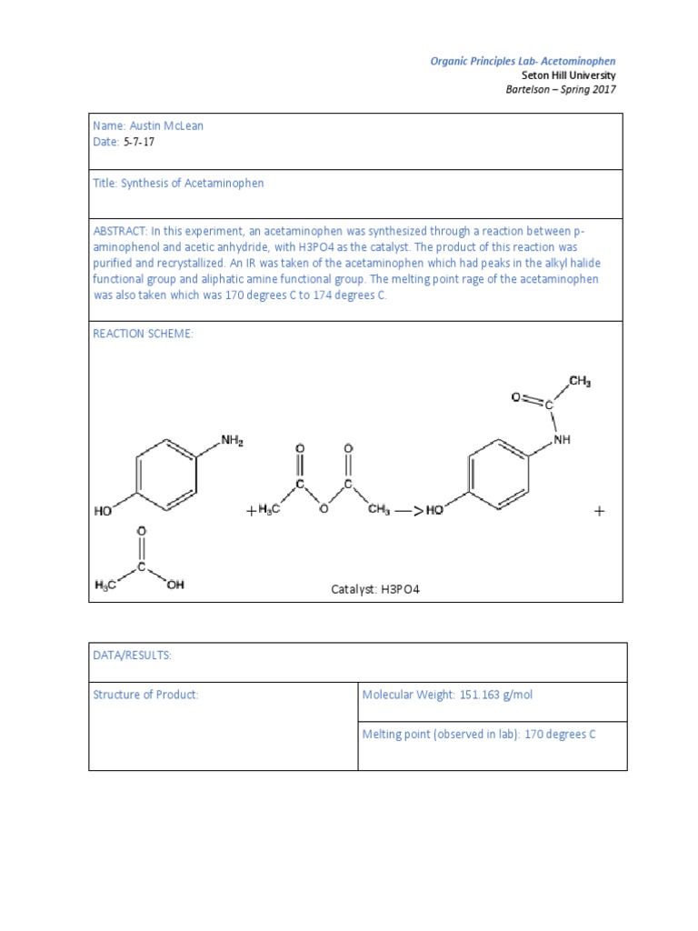 Lab Report Acetaminophen | PDF | Mole (Unit) | Organic Chemistry
