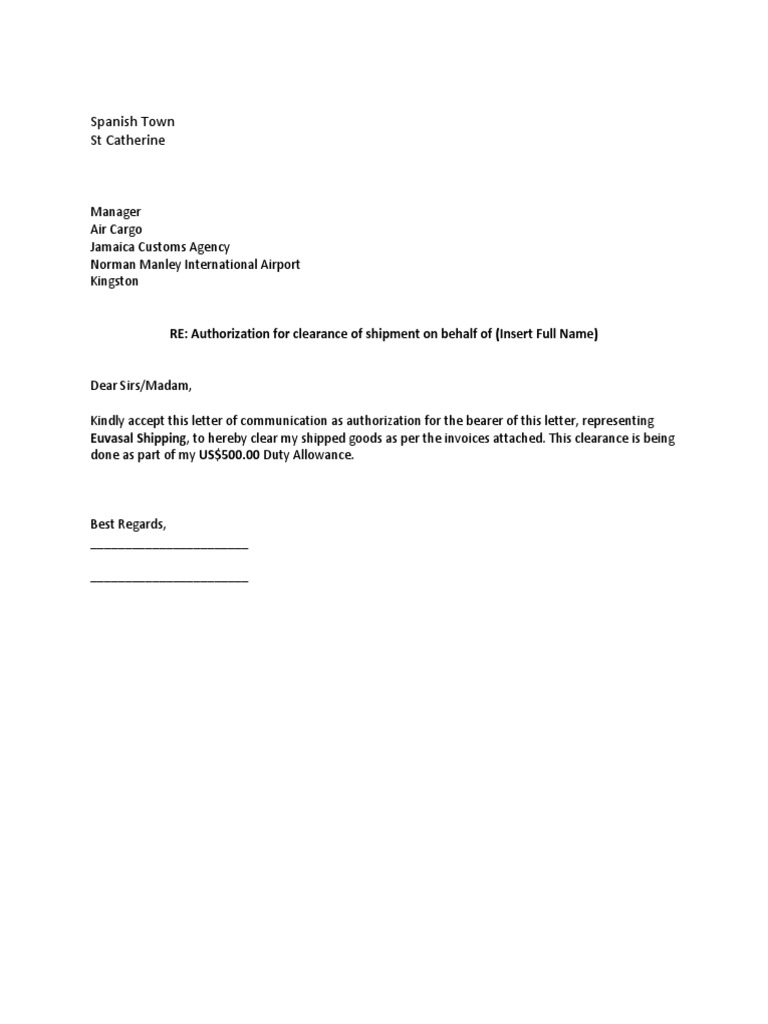 Customs Clearance Authorization Letter | PDF