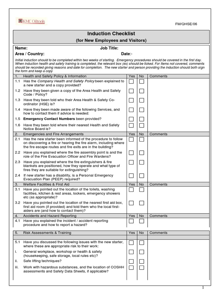 Induction Checklist: (For New Employees and Visitors) | PDF | Personal ...