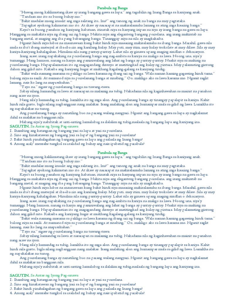 Ang Parabula NG Banga Handout | PDF
