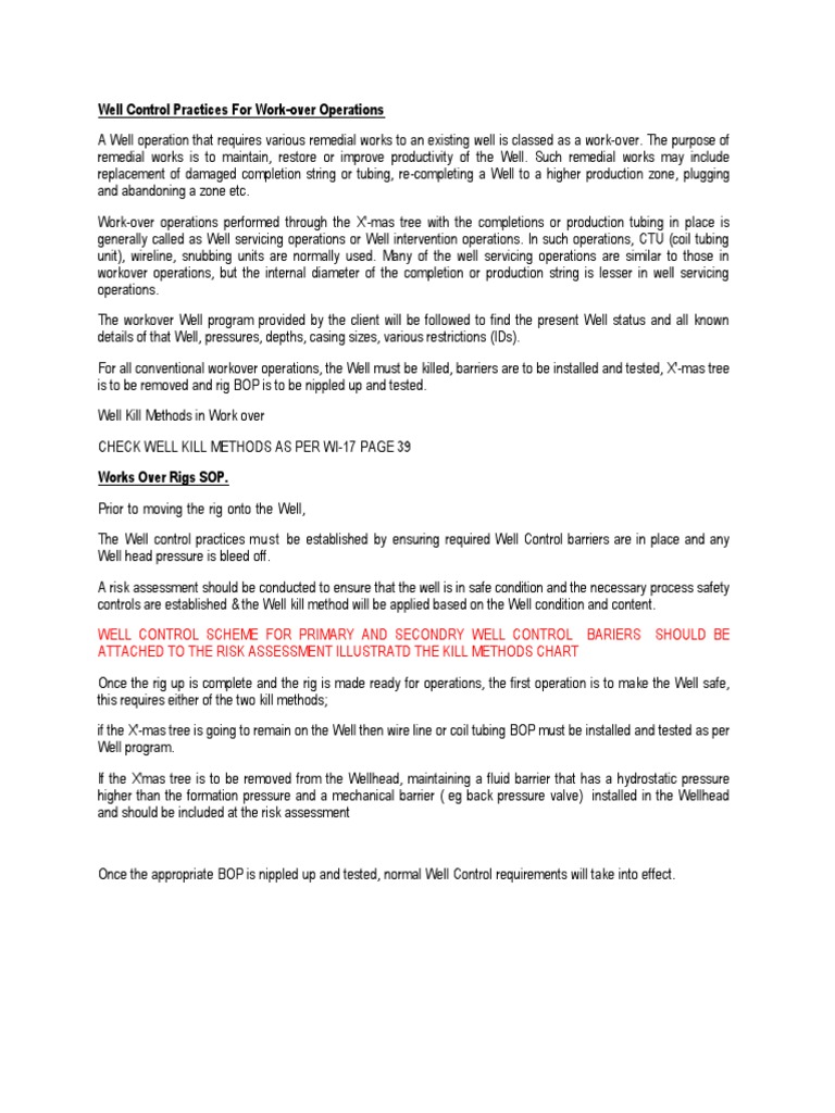 Well Control Practices For WorkOVER OPERATION | PDF | Casing (Borehole ...