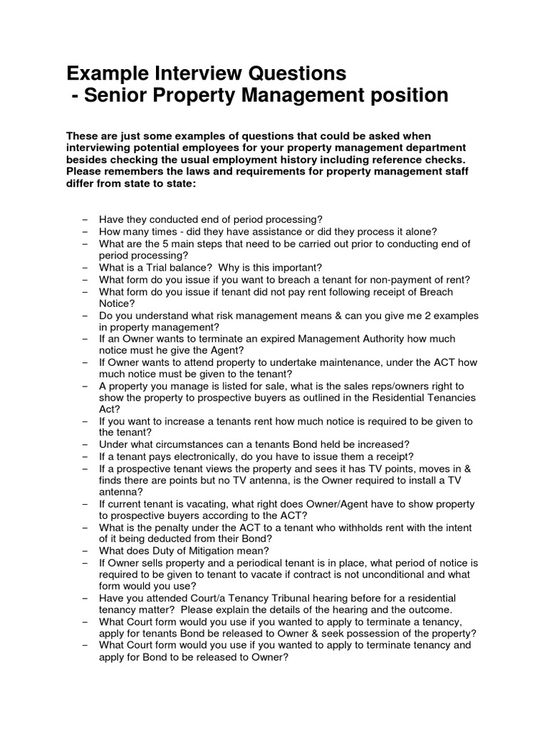 Example Interview Questions - Property Management | PDF | Property ...