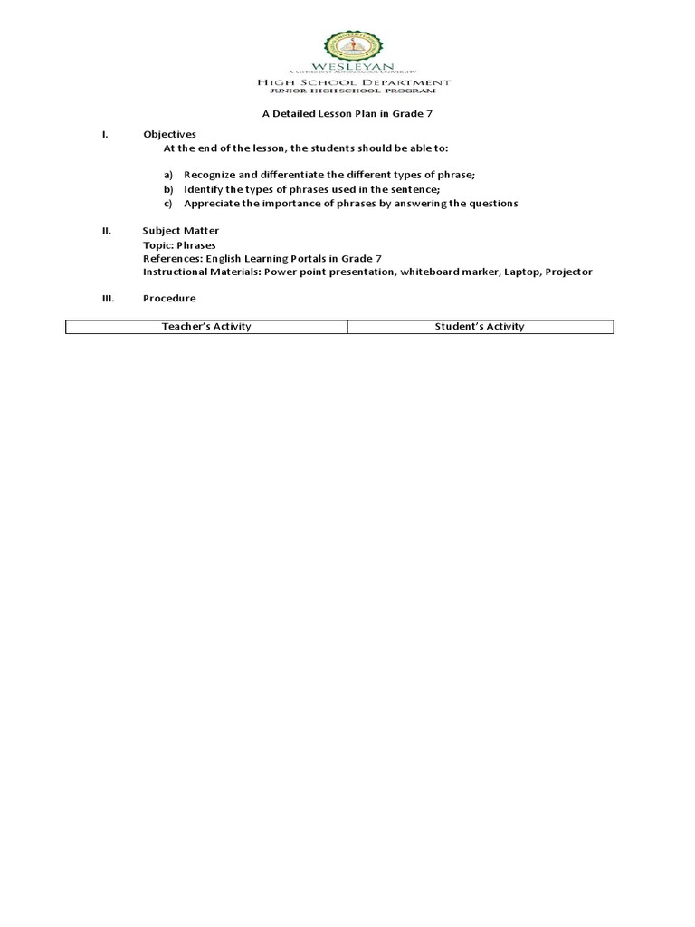 Lesson Plan in Phrases | PDF | Phrase | Verb