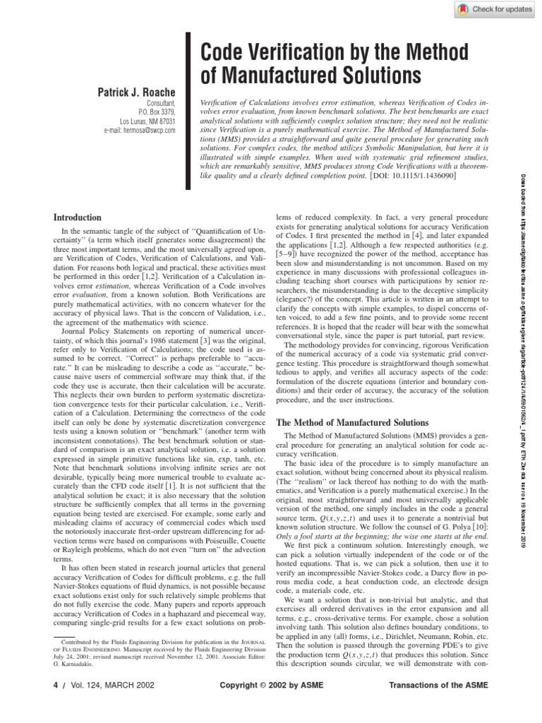Code Verification by The Method of Manufactured Solutions: Patrick J ...