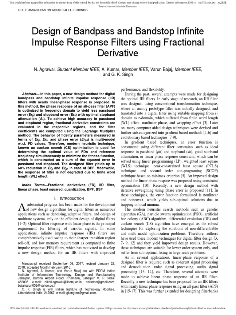 Design of Bandpass and Bandstop Infinite Impulse Response Filters Using Fractional Derivative ...