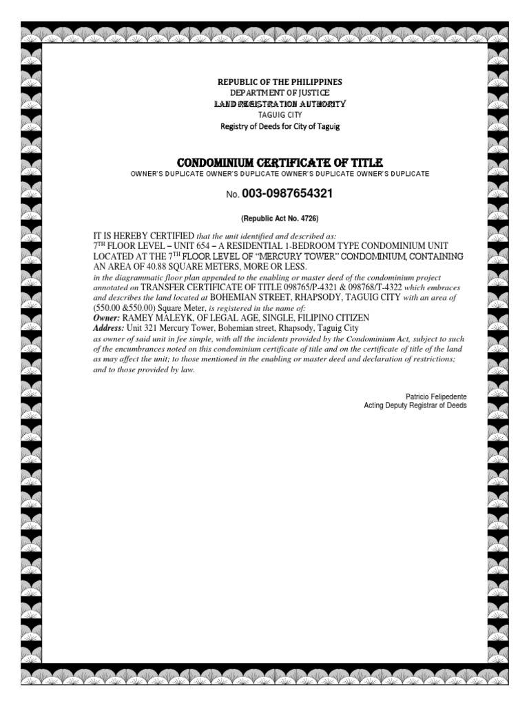 Condominium Certificate of Title: Republic of The Philippines | PDF ...