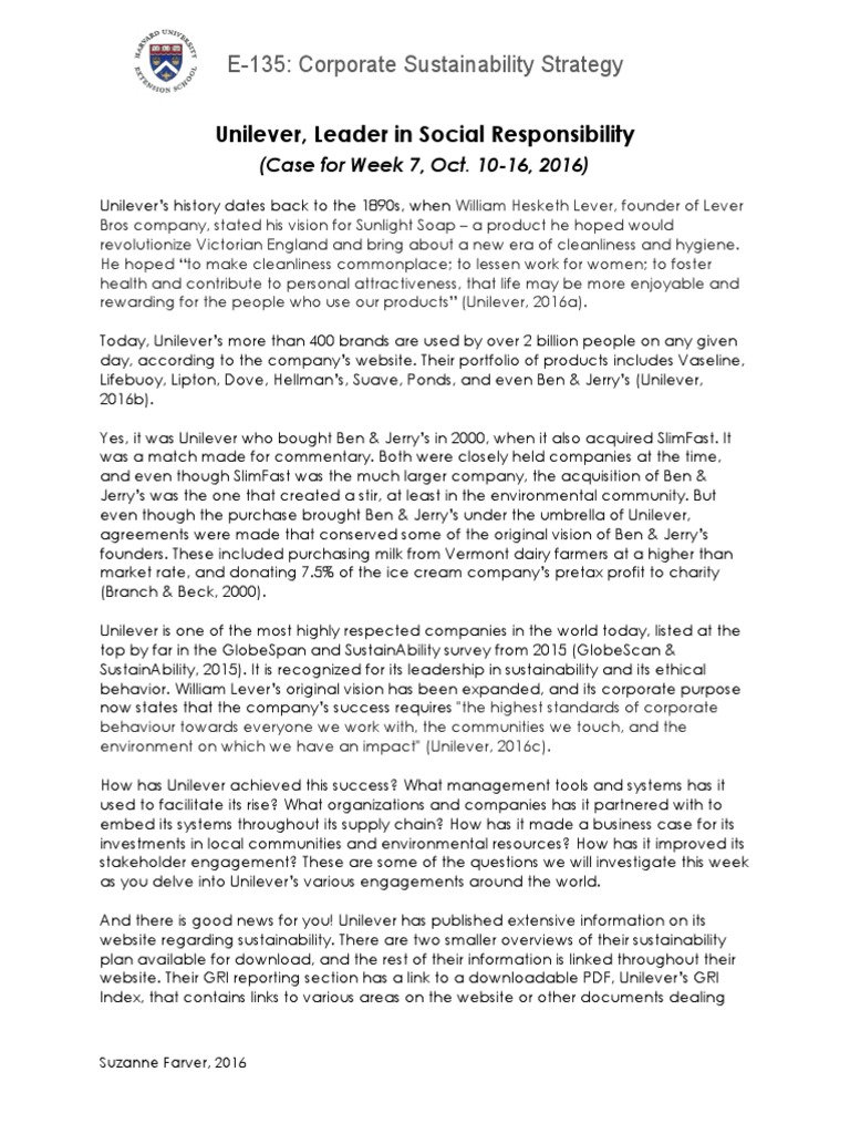 Unilever, Leader in Social Responsibility: E-135: Corporate Sustainability Strategy | PDF ...