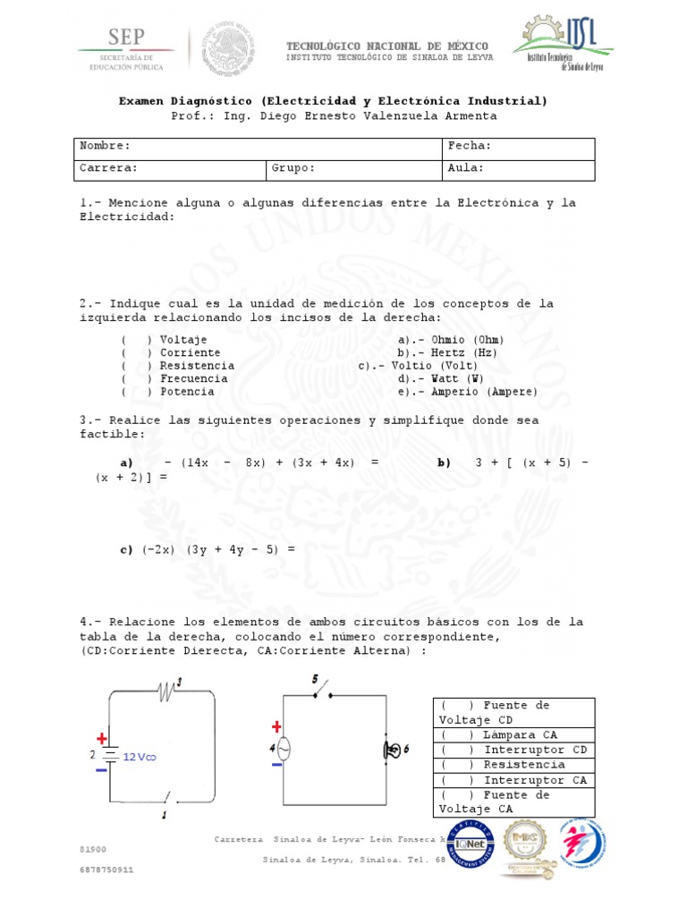 Evaluación Diagnóstica EyEI 2107 | PDF | Corriente alterna | Electrónica