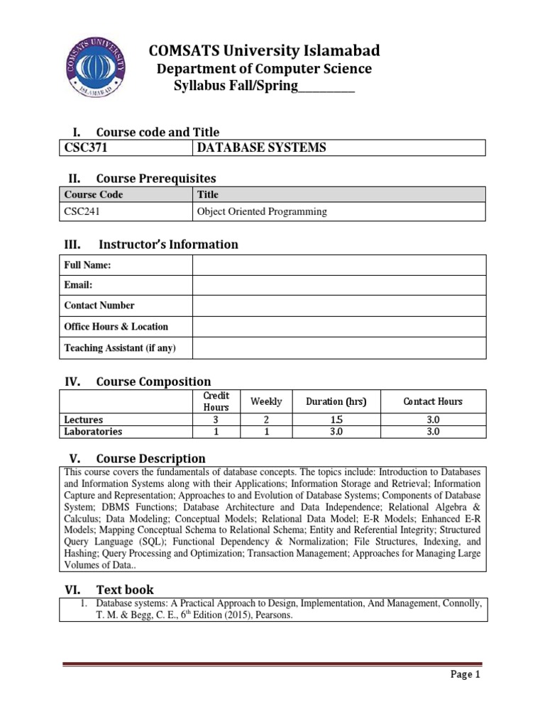 Syllabus CSC371 DB I | PDF | Relational Model | Databases