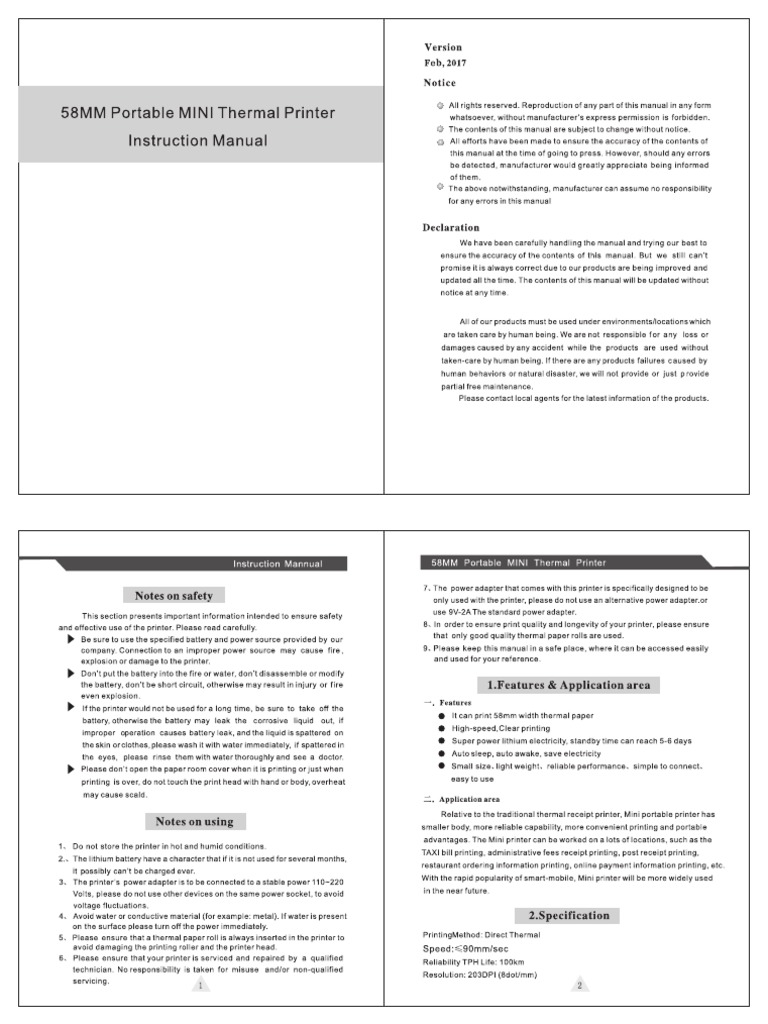 58MM MINI Portable Thermal Printer Instruction Manual-20170907 PDF | PDF