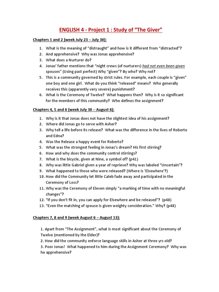 The Giver Analysis Questions | PDF