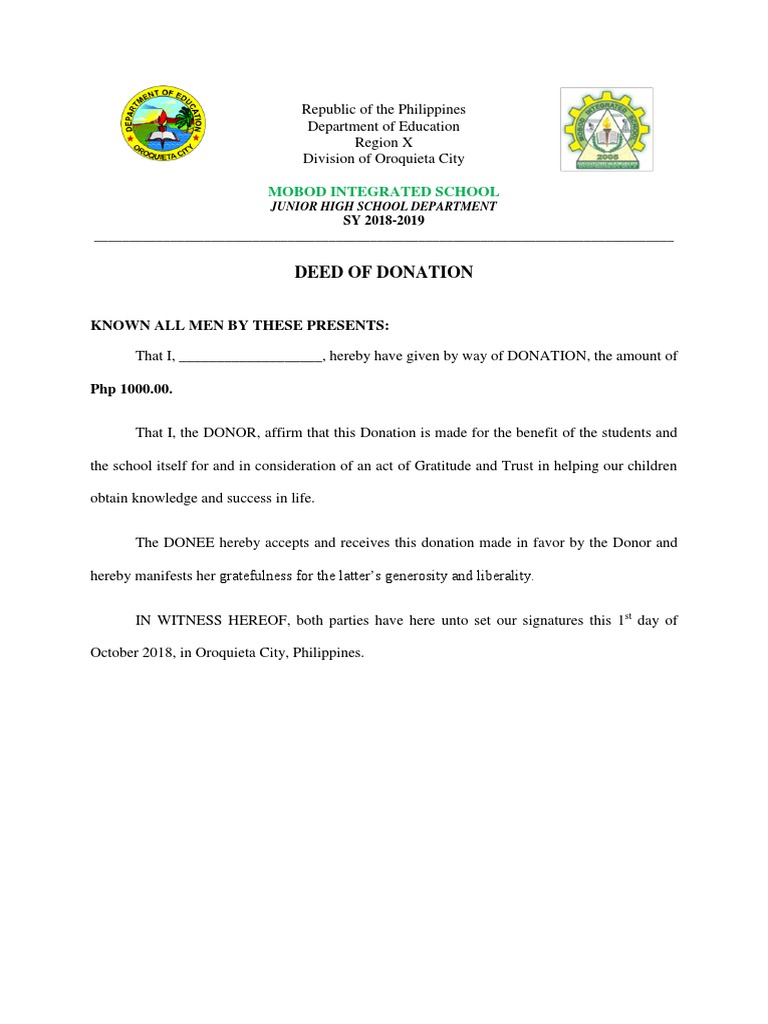 Deed of Donation: Mobod Integrated School | PDF