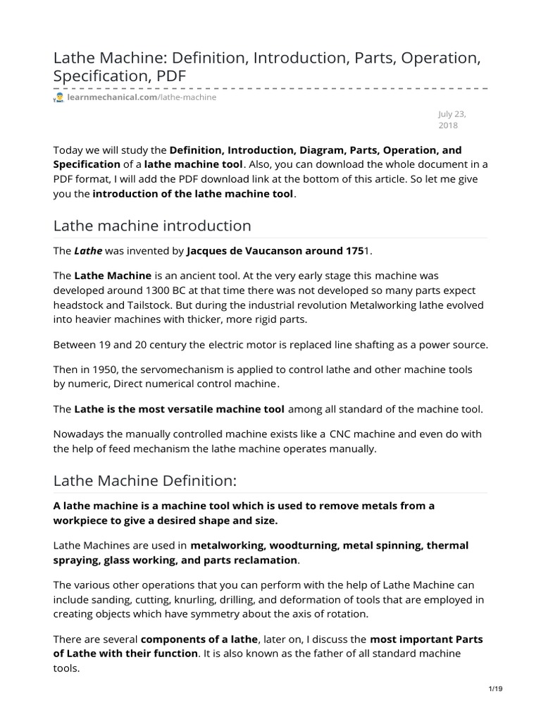 Lathe Machine Definition Introduction Parts Operation Specification PDF | PDF | Machines ...