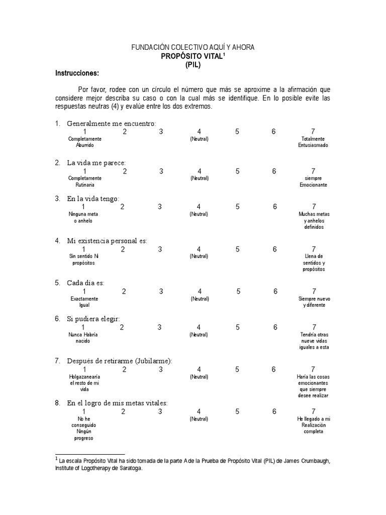 PIL Test (Propósito de Vida) | PDF | Sicología
