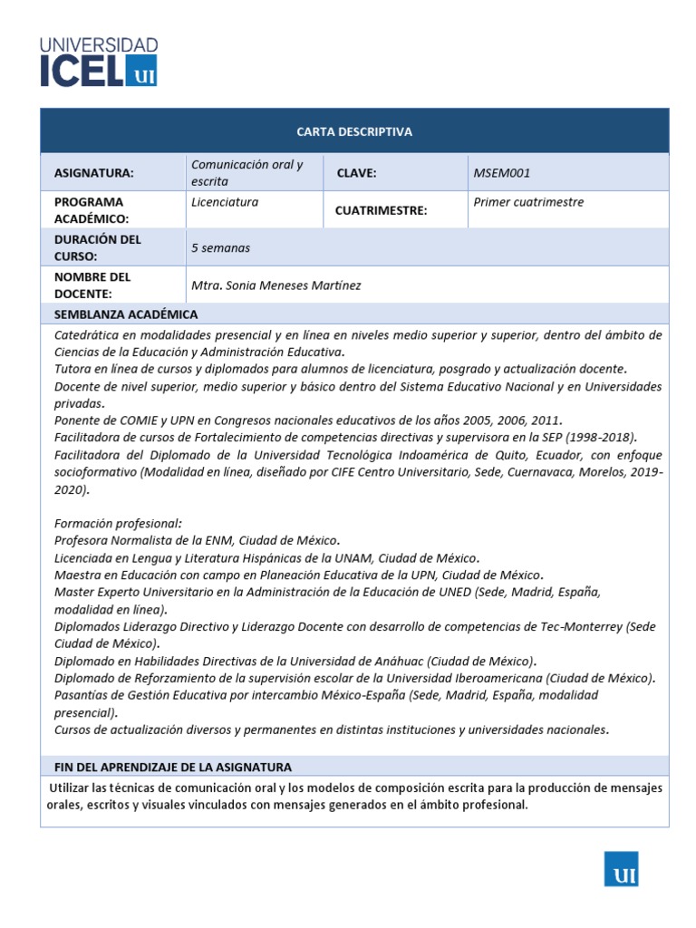 Carta Descriptiva | PDF | Comunicación | Evaluación