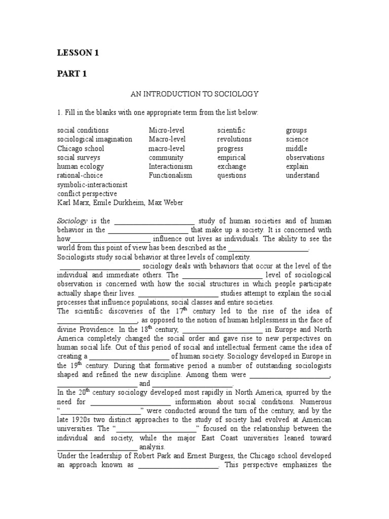 Lesson 1: Sociology Is The - Study of Human Societies and of Human ...