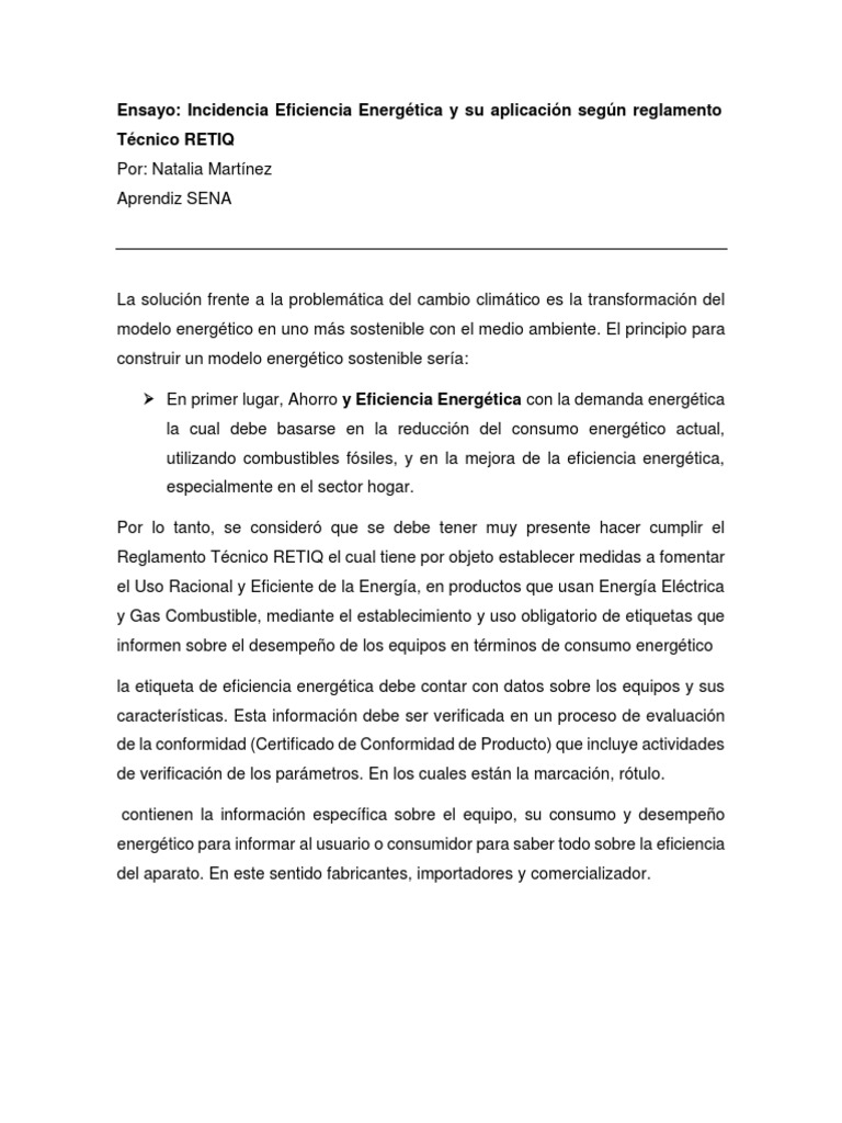 Ensayo Incidencia Eficiencia Energética y Su Aplicación Según ...