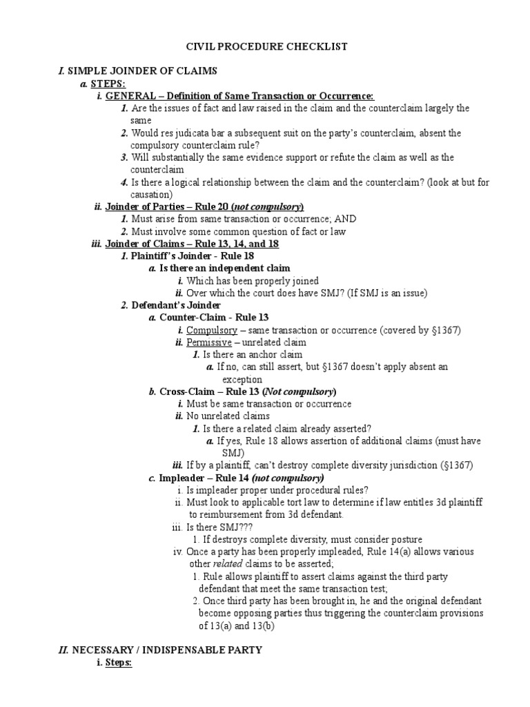 Civil Procedure II Checklist - Raven-Hansen - Fall 2002 | PDF ...