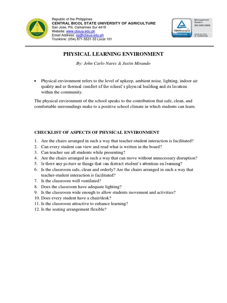 Physical Learning Environment | PDF | Career & Growth | Wellness