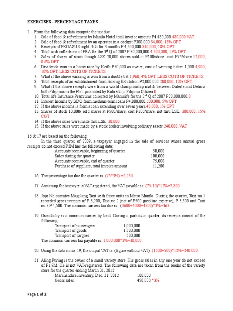 Exercises - Percentage Taxes | PDF | Value Added Tax | Receipt