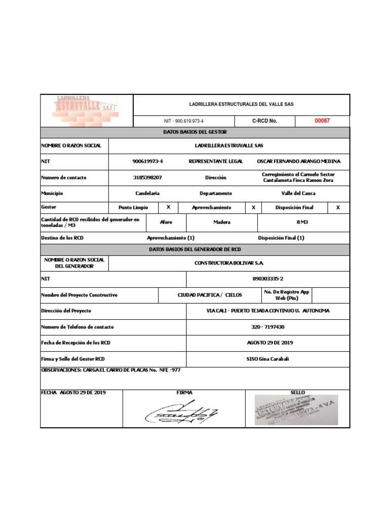 Certificado de Gestor RCD | PDF
